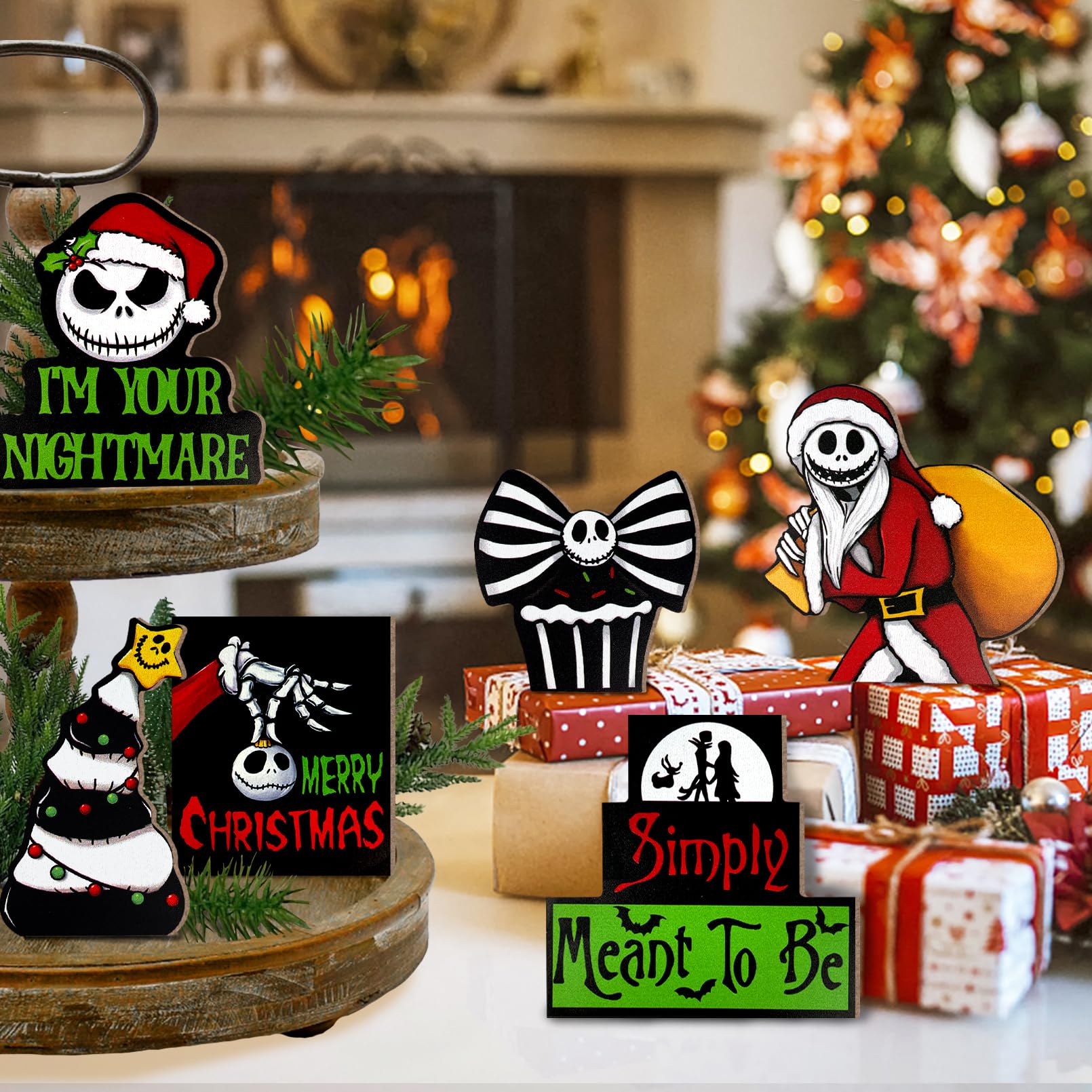 Guoofu Christmas Tiered Tray Decor, Night. mare BE Fore. Xmas Tray Decorations, Jack Skellington Santa Black Christmas Tree Wooden Signs, Rustic Holiday Home Decor for Tabletop Mantel