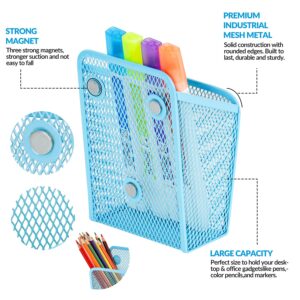 LUCYCAZ Magnetic Pen Holder - Single Magnetic Pencil Locker Holder Organizer, Blue Mesh Marker Holder Pen Basket for Whiteboard, Refrigerator and Locker