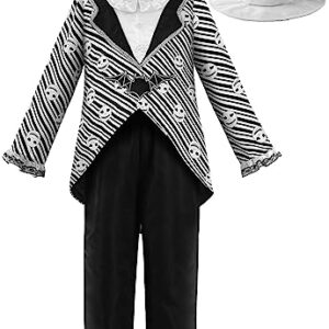 ReliBeauty Skeleton Costume Kids Christmas Costume for Boys with Hat,Black 10-12/150