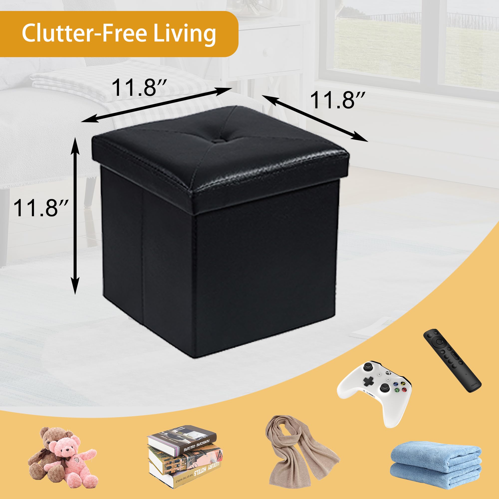 VECELO Storage Ottoman, Footrest Footstool, 11.8'' Folding Ottoman Small Square Cube Storage Chest for Living Room Utility Room Entryway, Holds up to 176 lb, Easy to Assemble, Black