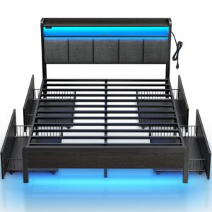 rolanstar bed frame queen size with charging station and led lights, upholstered storage headboard with drawers, heavy duty metal slats, no box spring needed, noise free, easy assembly, dark grey