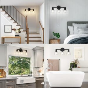 FOLKSMATE 3-Light Bathroom Light Fixtures, Matte Black Modern Vanity Lights, Sconces Wall Lighting with Clear Glass Shade, Wall Mount Lights Wall Lamp