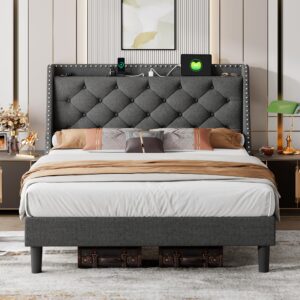 ipormis full bed frame with 16" deluxe wingback & usb & type-c ports, upholstered platform beds with button tufted storage headboard, solid wood slats support, no box spring needed, dark grey