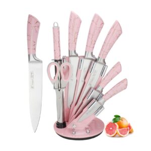 kitchen knife set, 8-pieces pink cooking knife set with rotary acrylic stand &sharpener steel &scissors, ergonomic stainless steel sharp non stick professional kitchen knife set, gift for women