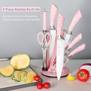 Kitchen Knife Set, 8-Pieces Pink Cooking Knife Set with Rotary Acrylic Stand &Sharpener Steel &Scissors, Ergonomic Stainless Steel Sharp Non Stick Professional Kitchen Knife Set, Gift for Women