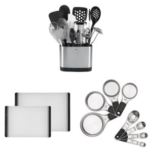 oxo good grips 15-piece everyday kitchen utensil set, silver & oxo good grips 2-piece plastic cutting board set (pack of 1),clear & oxo good grips 8 piece stainless steel measuring cups and spoons set