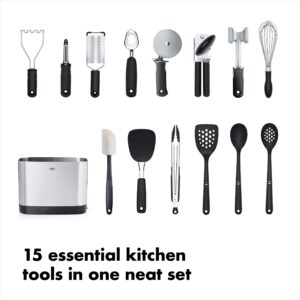 OXO Good Grips 15-Piece Everyday Kitchen Utensil Set, Silver & OXO Good Grips 2-Piece Plastic Cutting Board Set (Pack of 1),Clear & OXO Good Grips 8 Piece Stainless Steel Measuring Cups and Spoons Set