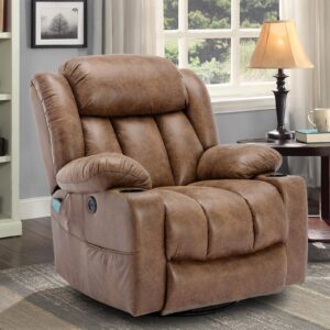 ouinch manual 360 degree swivel glider rocker recliner chair with massage and heat, usb ports, side pockets and cup holders (brown)