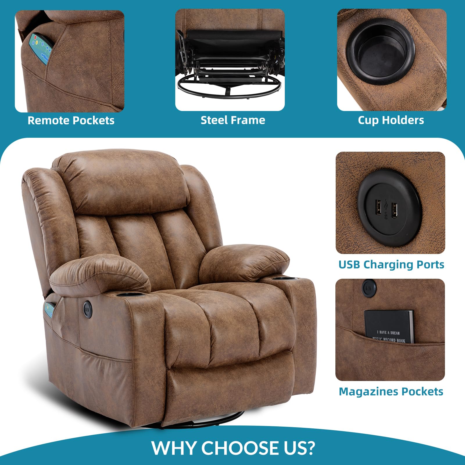 OUINCH Manual 360 Degree Swivel Glider Rocker Recliner Chair with Massage and Heat, USB Ports, Side Pockets and Cup Holders (Brown)