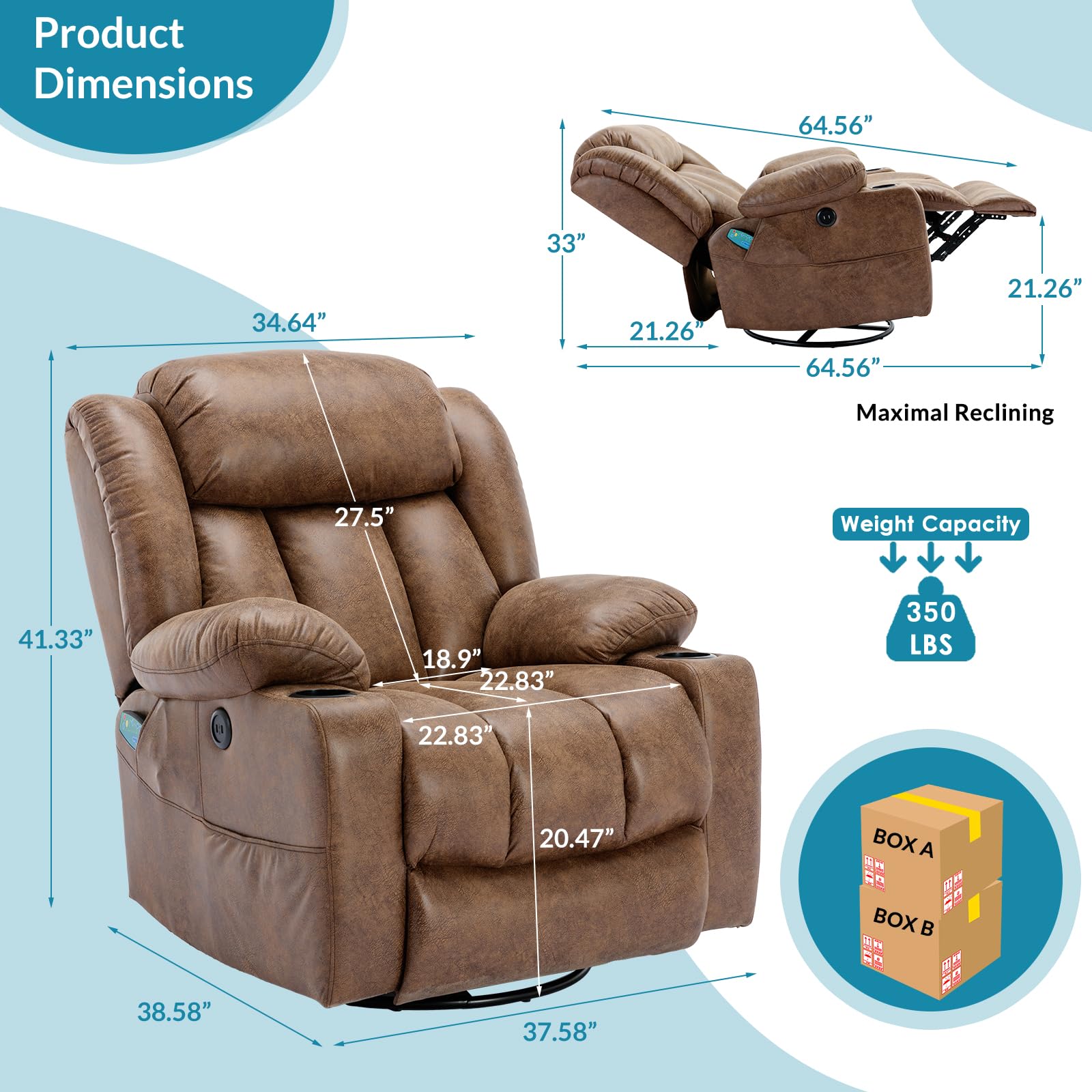 OUINCH Manual 360 Degree Swivel Glider Rocker Recliner Chair with Massage and Heat, USB Ports, Side Pockets and Cup Holders (Brown)