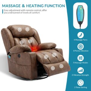 OUINCH Manual 360 Degree Swivel Glider Rocker Recliner Chair with Massage and Heat, USB Ports, Side Pockets and Cup Holders (Brown)