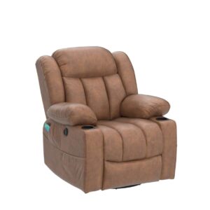 OUINCH Manual 360 Degree Swivel Glider Rocker Recliner Chair with Massage and Heat, USB Ports, Side Pockets and Cup Holders (Brown)