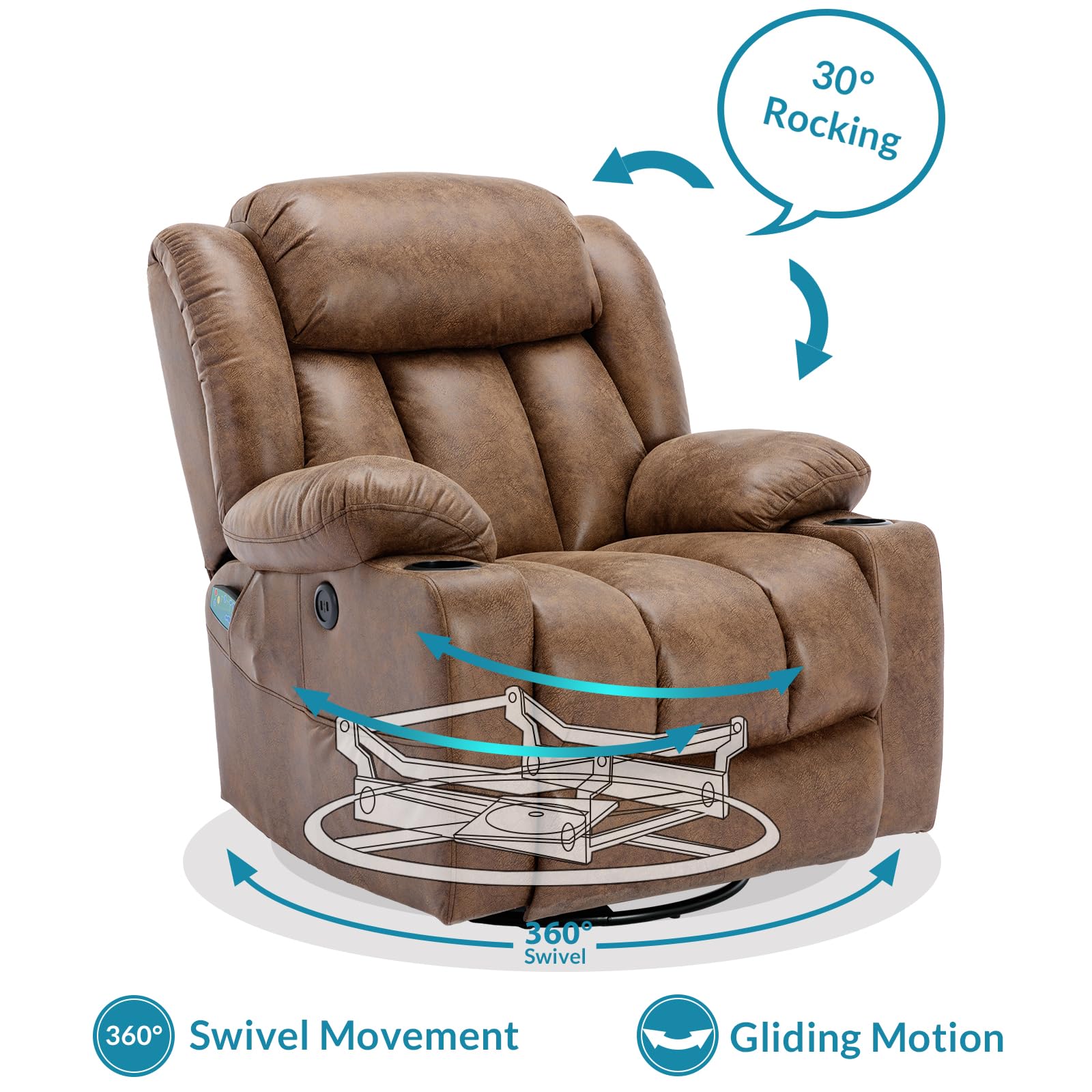 OUINCH Manual 360 Degree Swivel Glider Rocker Recliner Chair with Massage and Heat, USB Ports, Side Pockets and Cup Holders (Brown)