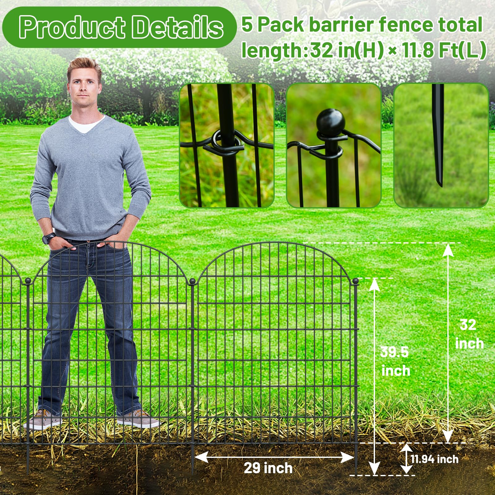 Decorative Garden Metal Fence 5 Pack, 32 in (H) x 11.8 ft (L) No Dig Dog Animal Barrier for Yard, Animal Ground Stakes Fencing for Garden, Patio, Flower Bed