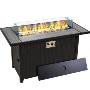 sunlei 45" propane fire pit, outdoor fire pit tables rectangular tabletop with lid and blue fire glass, 50000 btu glass wind guard and tables for outside patio, backyard…