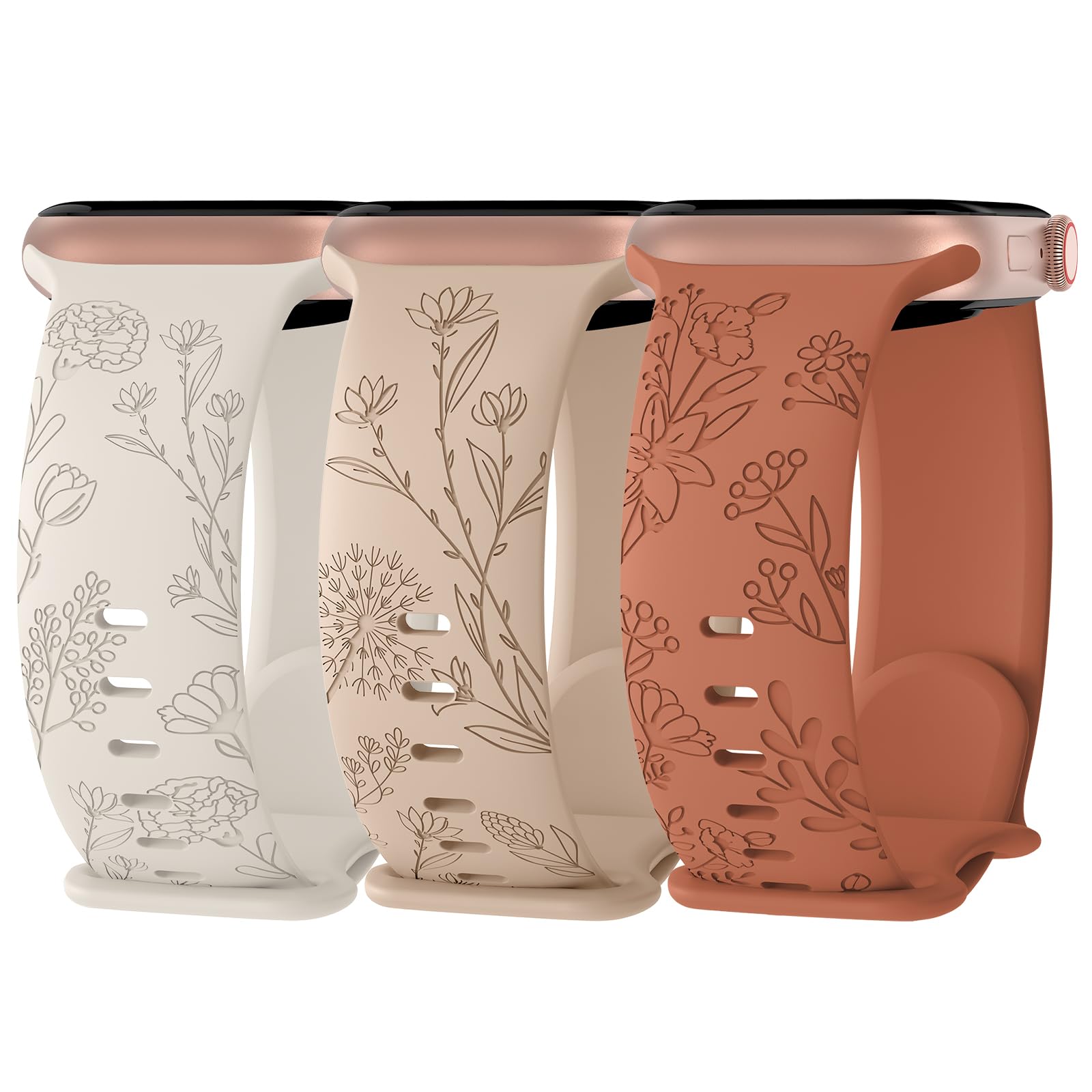 3 Pack Floral Engraved Silicone Bands Compatible with Apple Watch Band 38mm 40mm 41mm 42mm 44mm 45mm 49mm Women, Soft Sport Wildflower Strap for iWatch Ultra Series 9 8 SE 7 6 5 4 3 2 1