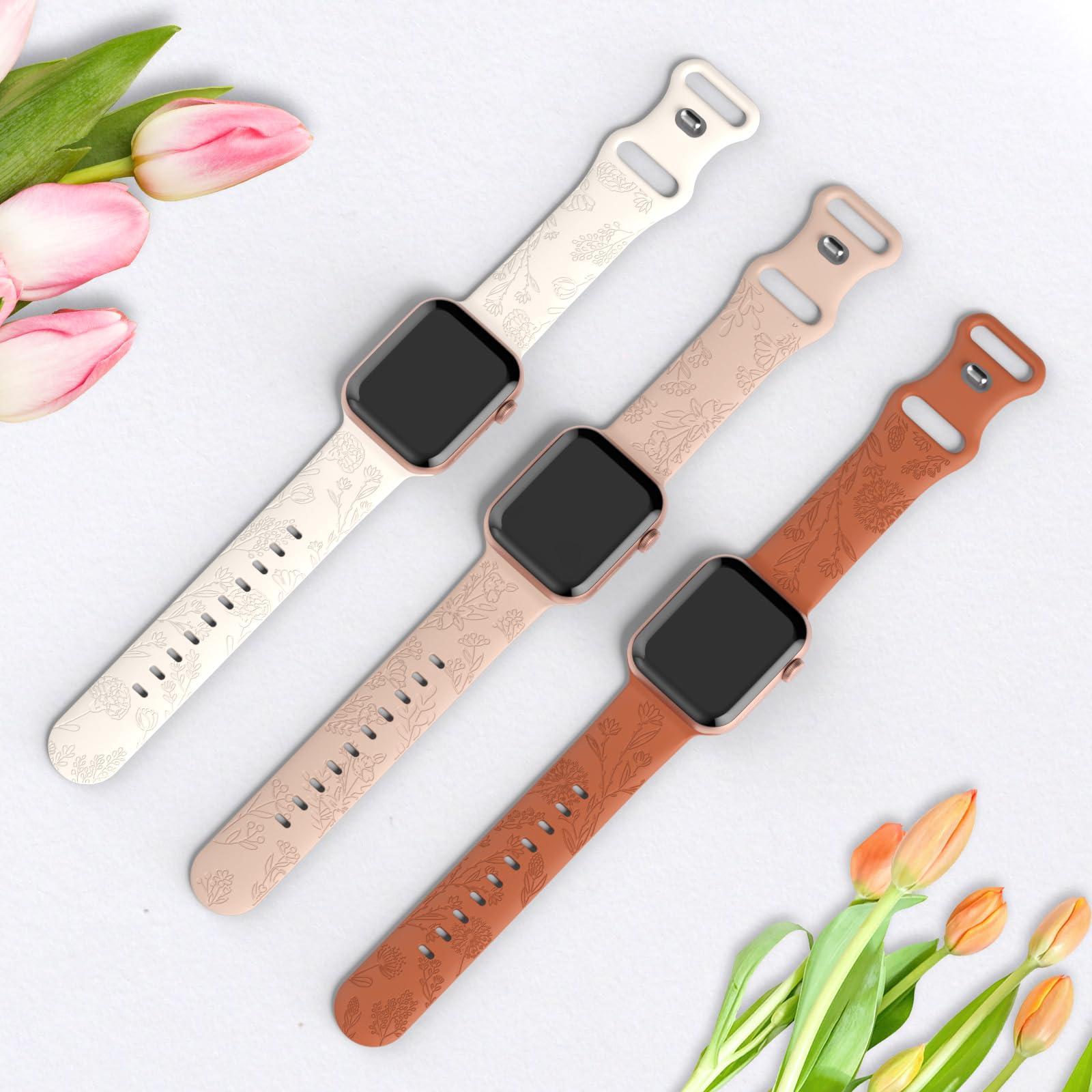 3 Pack Floral Engraved Silicone Bands Compatible with Apple Watch Band 38mm 40mm 41mm 42mm 44mm 45mm 49mm Women, Soft Sport Wildflower Strap for iWatch Ultra Series 9 8 SE 7 6 5 4 3 2 1