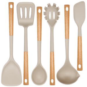 ncue kitchen utensils set, large non-stick silicone cooking utensils set 6 pcs, wooden handle heat resistance silicone spatula soup ladle pasta server kitchen gadgets utensils set bpa free (khaki)