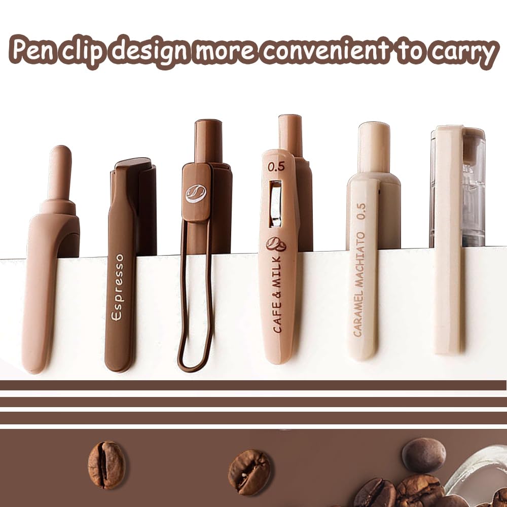 LSLSHY Cute Coffee Pens 5Pcs Gel Ink Pens Retractable Pens and 1Pcs Highlighter 0.5mm Fine Point Black Ink Kawaii Smooth Writing Pens for School Office Supplies Aesthetic Supplies Pens