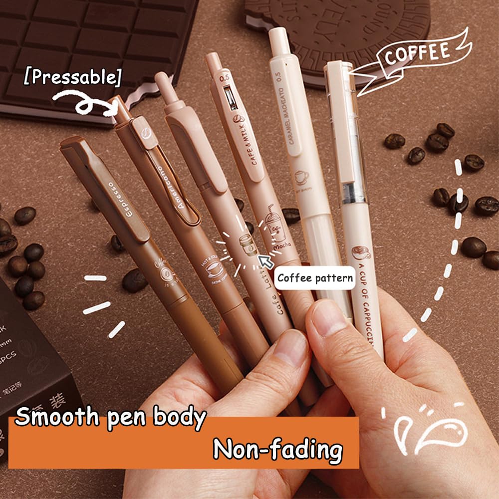 LSLSHY Cute Coffee Pens 5Pcs Gel Ink Pens Retractable Pens and 1Pcs Highlighter 0.5mm Fine Point Black Ink Kawaii Smooth Writing Pens for School Office Supplies Aesthetic Supplies Pens