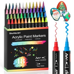 shuttle art 48 colors dual tip acrylic paint markers, brush tip and fine tip acrylic paint pens for rock painting, ceramic, wood, canvas, plastic, glass, stone, calligraphy, card making, diy crafts