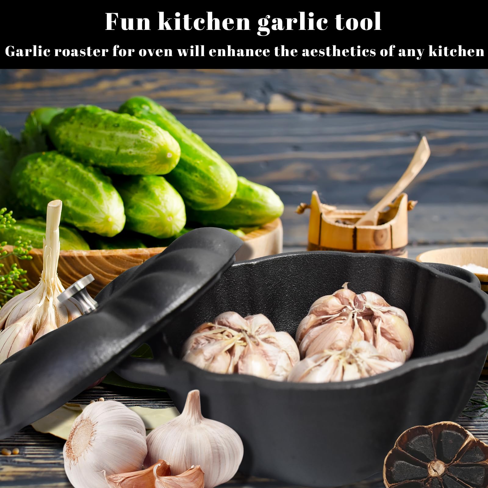 AOKDEER Garlic Roaster, Cast Iron Garlic Roaster for Kitchen Grill Oven, Dining Room, Indoor or Outdoor, BBQ Grill Garlic Tools, Garlic Baker for Picnic Camping Patio Backyard Cooking