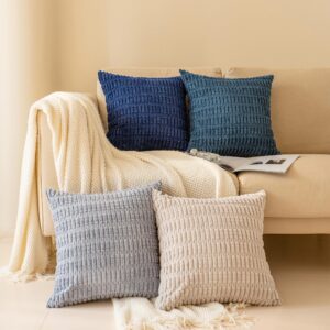 softalker throw pillow covers 18x18 inch, set of 4, corduroy soft striped farmhouse boho pillow cover, modern decorative cushion pillow case for couch sofa bedroom living room, grey/blue