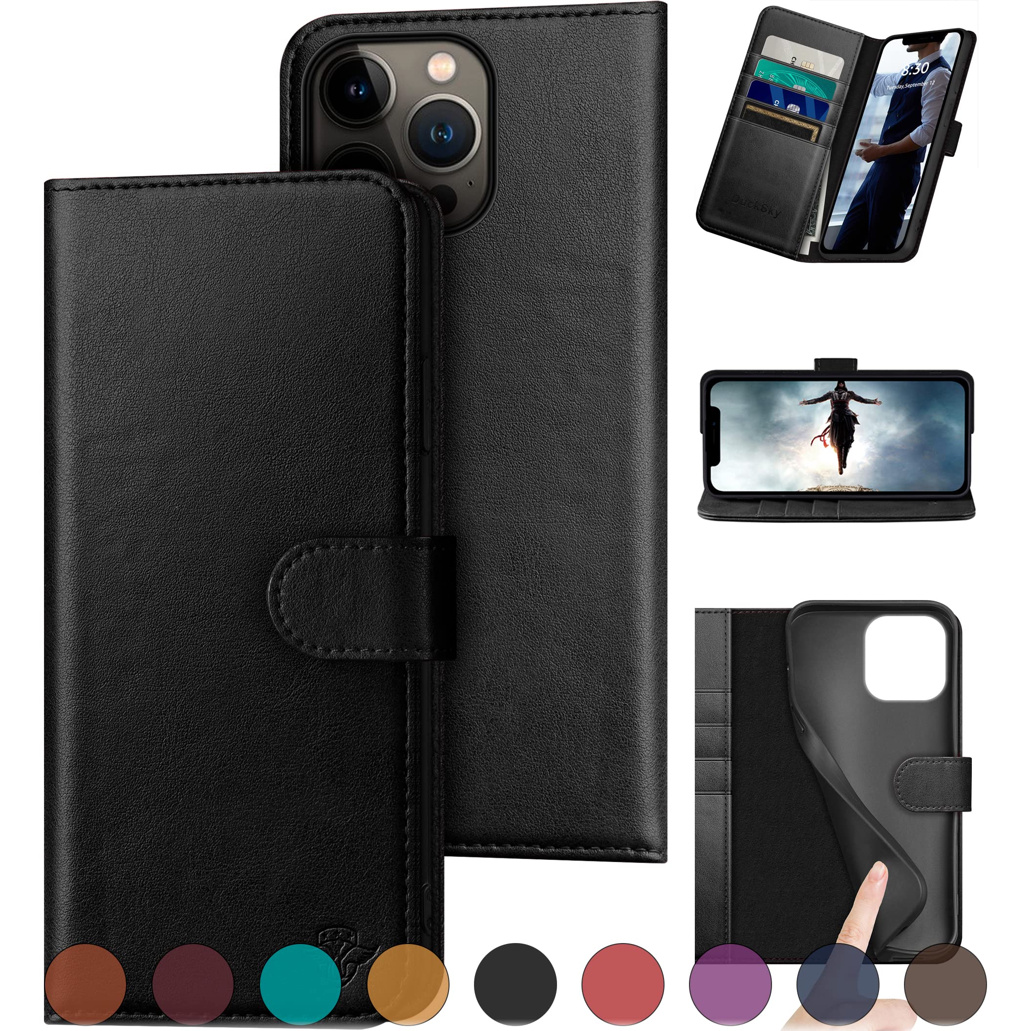 DuckSky for iPhone 15 Pro Max 6.7" Genuine Leather Wallet case 【RFID Blocking】【4 Credit Card Holder】【Real Leather】 Flip Folio Book Phone case Protective Cover Women Men for Apple 15 Pro Max case Black