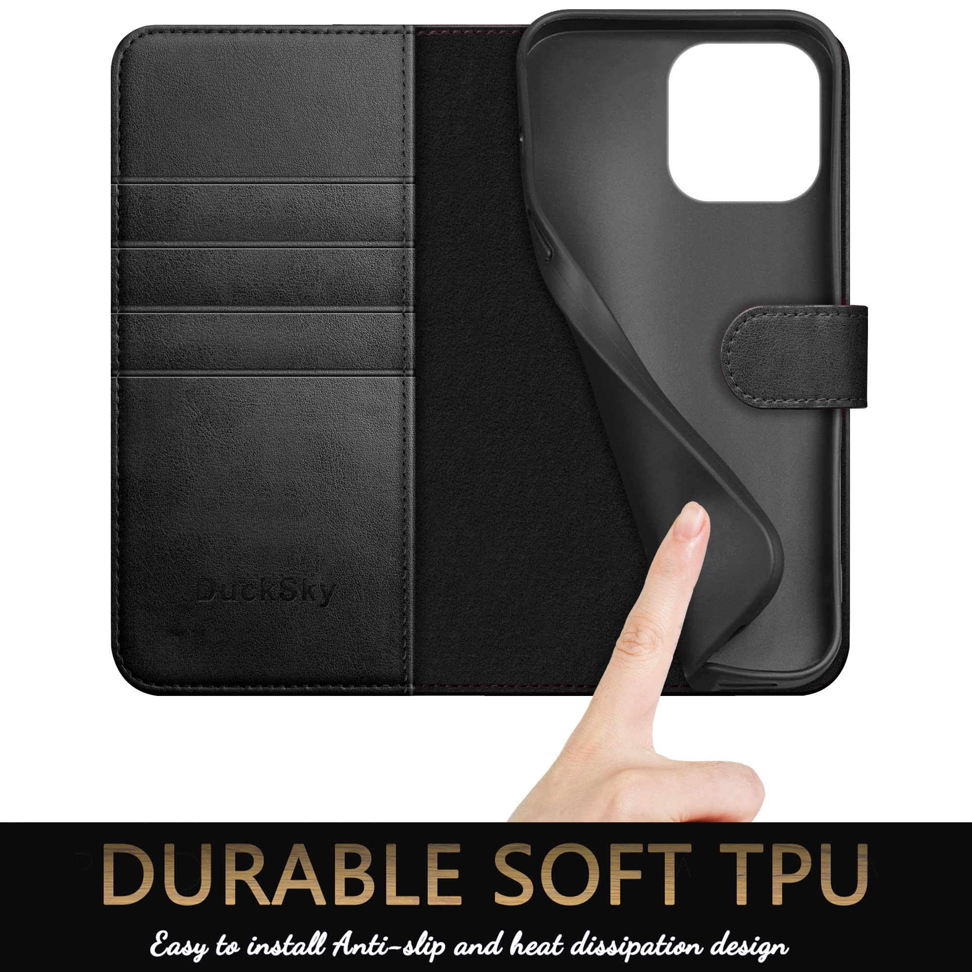 DuckSky for iPhone 15 Pro Max 6.7" Genuine Leather Wallet case 【RFID Blocking】【4 Credit Card Holder】【Real Leather】 Flip Folio Book Phone case Protective Cover Women Men for Apple 15 Pro Max case Black