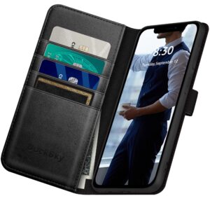 DuckSky for iPhone 15 Pro Max 6.7" Genuine Leather Wallet case 【RFID Blocking】【4 Credit Card Holder】【Real Leather】 Flip Folio Book Phone case Protective Cover Women Men for Apple 15 Pro Max case Black