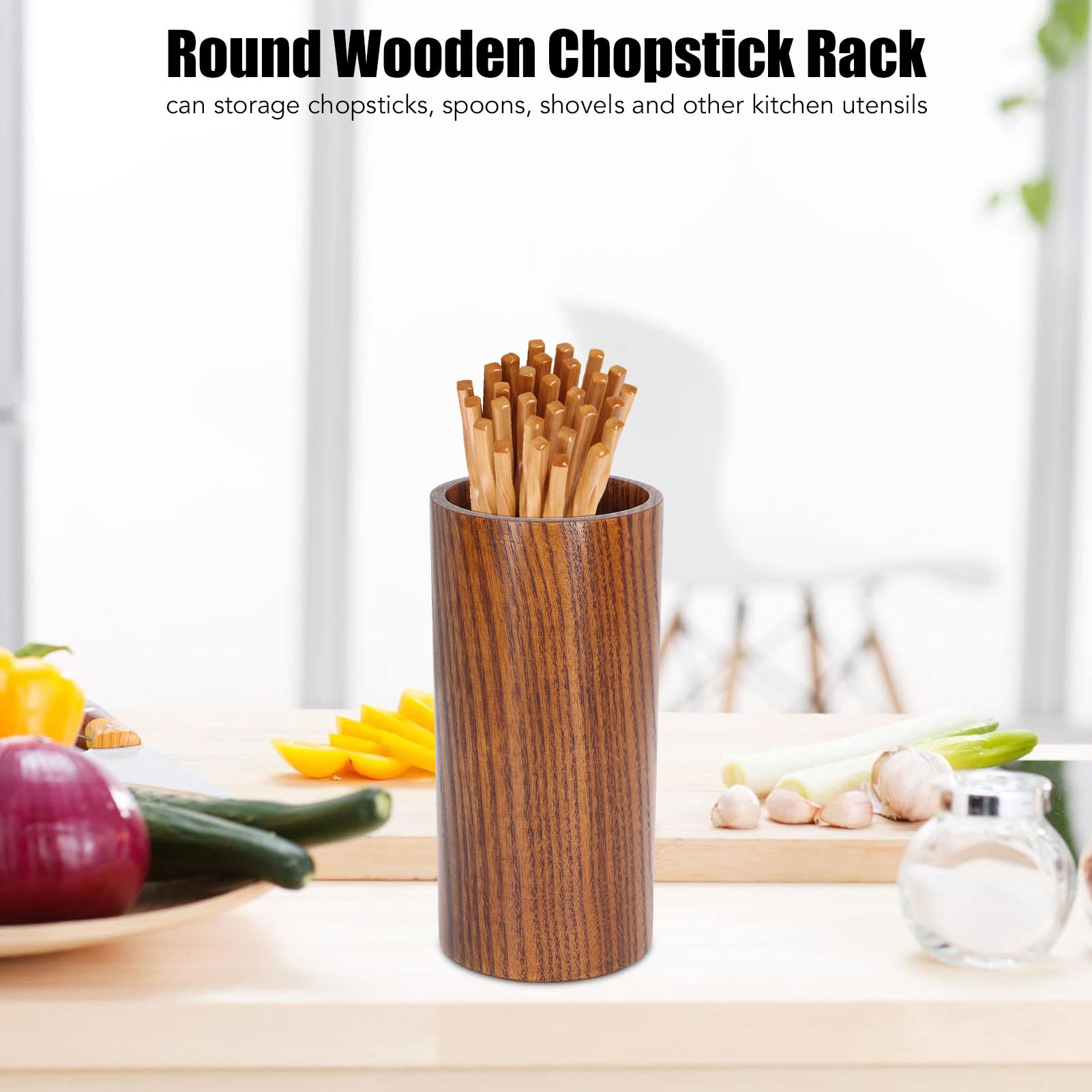 Wooden Kitchen Utensil Holder, 7.8x3.5inch Round Wooden Chopstick Storage Barrel for Spoons Spatula Spurtles Straws Cooking Tools