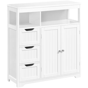 yaheetech bathroom floor cabinet, wooden storage organizer with 3 drawers and 2 open shelves, freestanding storage cabinet with a large bottom cabinet for bathroom, living room, kitchen, white