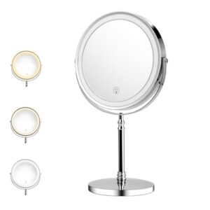 hehasi 8" lighted makeup mirror, dimmable touch screen led vanity mirror with 3 color lighting, brightness adjustable makeup mirror, 360° rotation rechargeable double sided magnifying mirror(1x/10x)