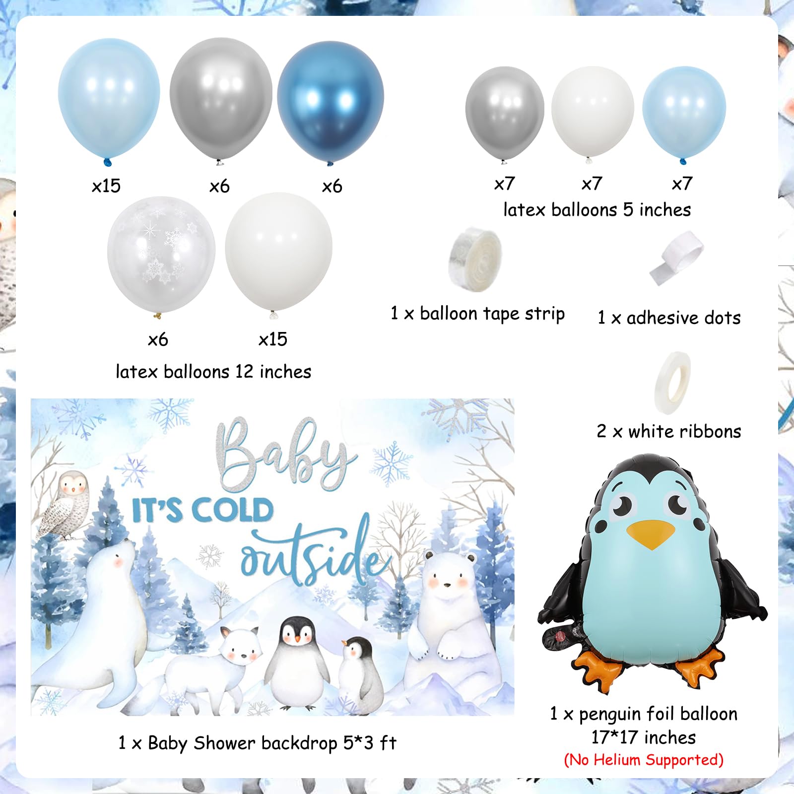 Arctic Animals Baby Shower - Blue Snowflake Balloon Garland Arch Kit with Baby It's Cold Outside Backdrop, Penguin Foil Balloons, Polar Bear Penguin Winter Baby Shower Decorations