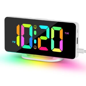 alanas rgb digital alarm clock for bedroom with color changing night lights, dual alarms with snooze, dimmer, adjustable alarm volume, dual usb and type-c charging ports, electronics clocks.