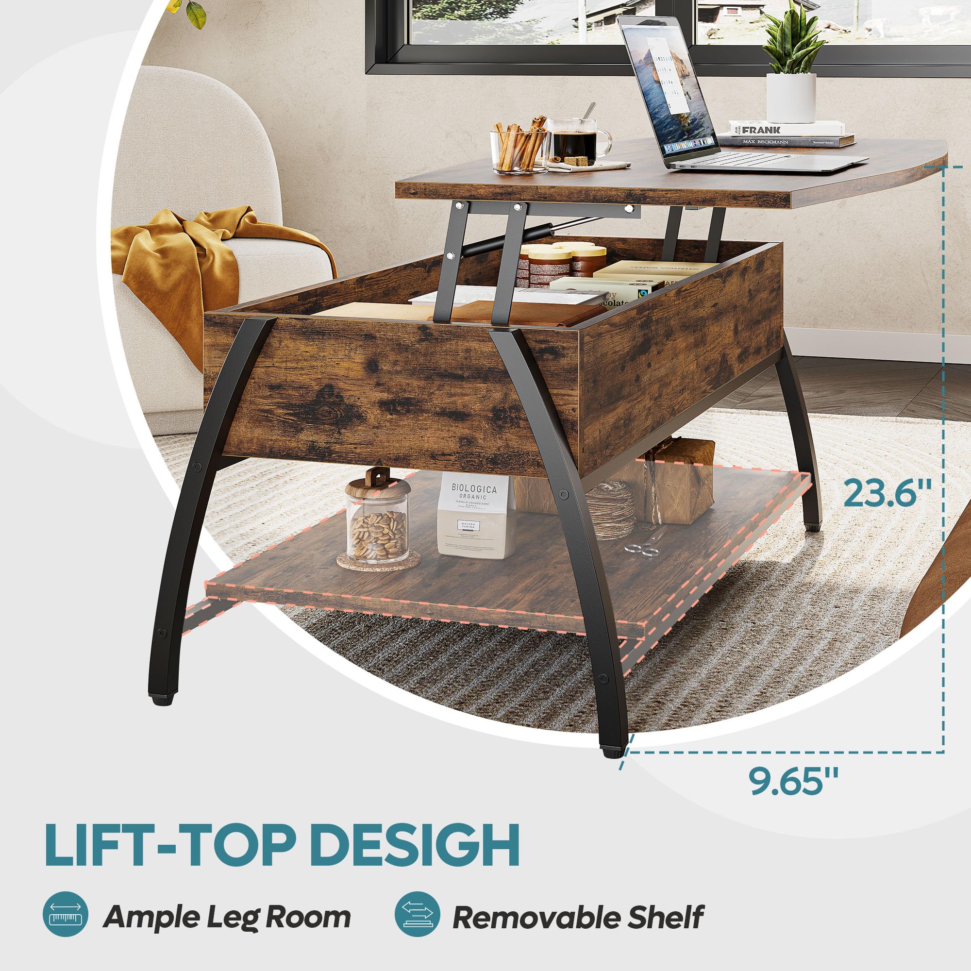 Bestier Lift Top Coffee Table with Storage, 42" Industrial Mesh Shelve Space-Saver Table, Wooden Rising Tabletop Oval Center Table for Living Room