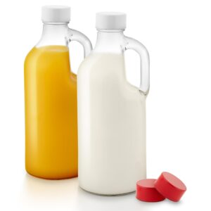 stock your home 40 oz glass milk bottle with lid and handle (2 pack), 4 reusable caps, milk container for refrigerator, glass juice bottles, water, almond cow milk storage bottle, glass milk jug