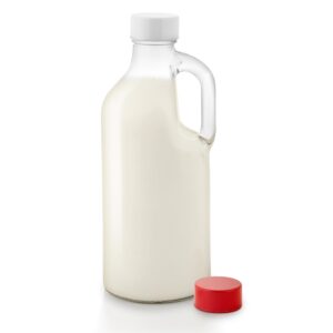 stock your home glass milk bottle with lid and handle 40oz (1 pack), 2 reusable caps, milk container for refrigerator, glass juice bottles, water, almond milk storage bottle, glass milk jug