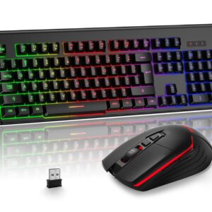 BlueFinger Wireless Gaming Keyboard and Mouse, Rechargeable Rainbow Backlit Wireless Keyboard and Ergonomic Light Up Mouse Combo for Windows, Mac, PC, Laptop