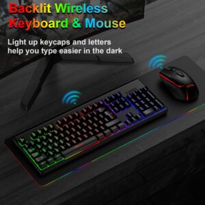 BlueFinger Wireless Gaming Keyboard and Mouse, Rechargeable Rainbow Backlit Wireless Keyboard and Ergonomic Light Up Mouse Combo for Windows, Mac, PC, Laptop