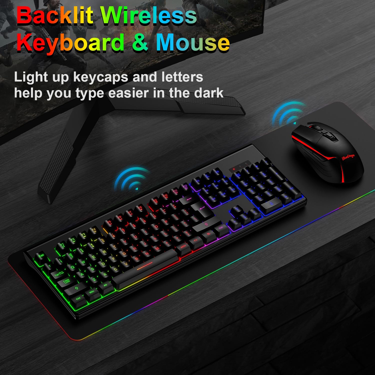 BlueFinger Wireless Gaming Keyboard and Mouse, Rechargeable Rainbow Backlit Wireless Keyboard and Ergonomic Light Up Mouse Combo for Windows, Mac, PC, Laptop