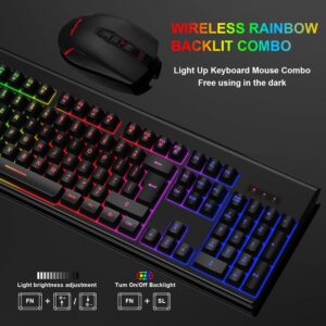 BlueFinger Wireless Gaming Keyboard and Mouse, Rechargeable Rainbow Backlit Wireless Keyboard and Ergonomic Light Up Mouse Combo for Windows, Mac, PC, Laptop