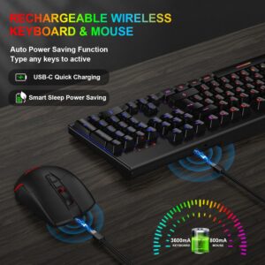 BlueFinger Wireless Gaming Keyboard and Mouse, Rechargeable Rainbow Backlit Wireless Keyboard and Ergonomic Light Up Mouse Combo for Windows, Mac, PC, Laptop