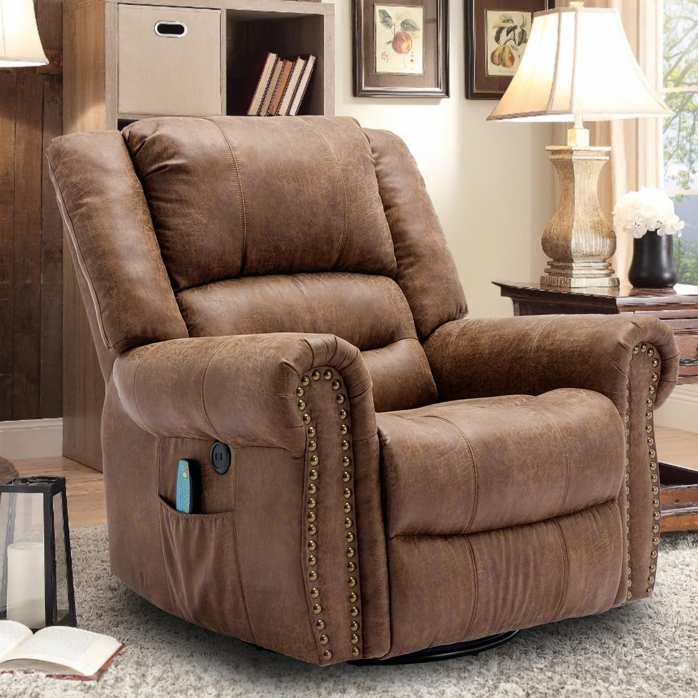 OUINCH Manual 360 Degree Swivel Glider Rocker Recliner Chair with Massage and Heat, USB Ports and 2 Side Pockets, Bronze Suede Like Fabric, Brown