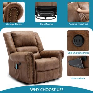 OUINCH Manual 360 Degree Swivel Glider Rocker Recliner Chair with Massage and Heat, USB Ports and 2 Side Pockets, Bronze Suede Like Fabric, Brown