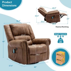 OUINCH Manual 360 Degree Swivel Glider Rocker Recliner Chair with Massage and Heat, USB Ports and 2 Side Pockets, Bronze Suede Like Fabric, Brown