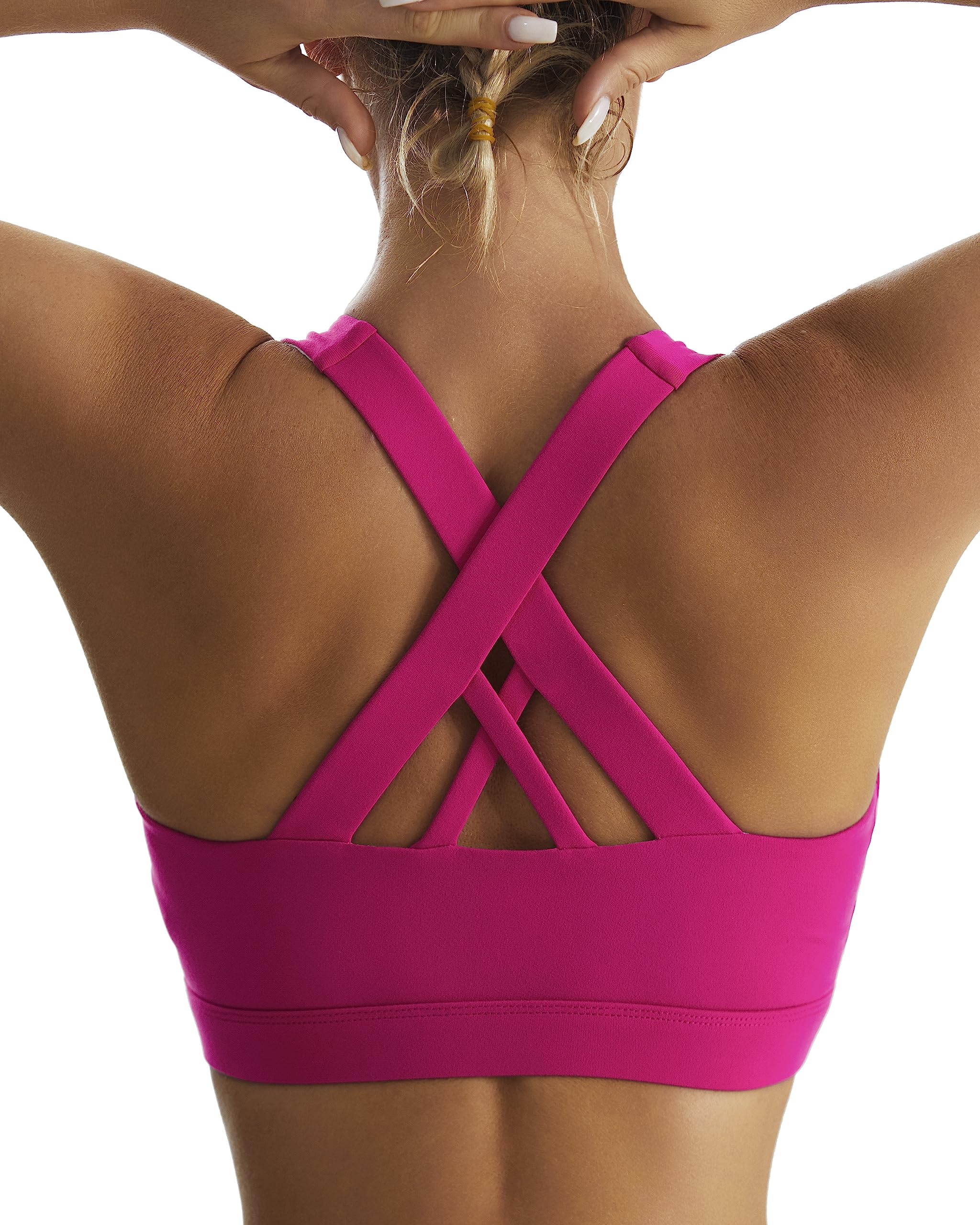 RUNNING GIRL Sports Bra for Women, Criss-Cross Back Padded Strappy Sports Bras Medium Support Yoga Bra with Removable Cups(2575_Hot pink_M)