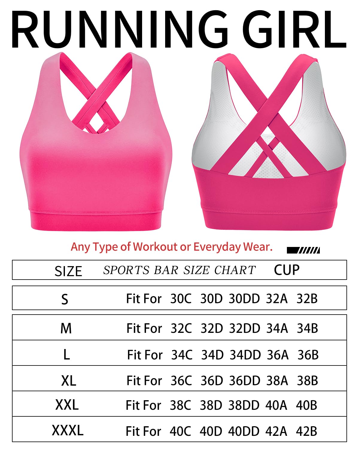 RUNNING GIRL Sports Bra for Women, Criss-Cross Back Padded Strappy Sports Bras Medium Support Yoga Bra with Removable Cups(2575_Hot pink_M)