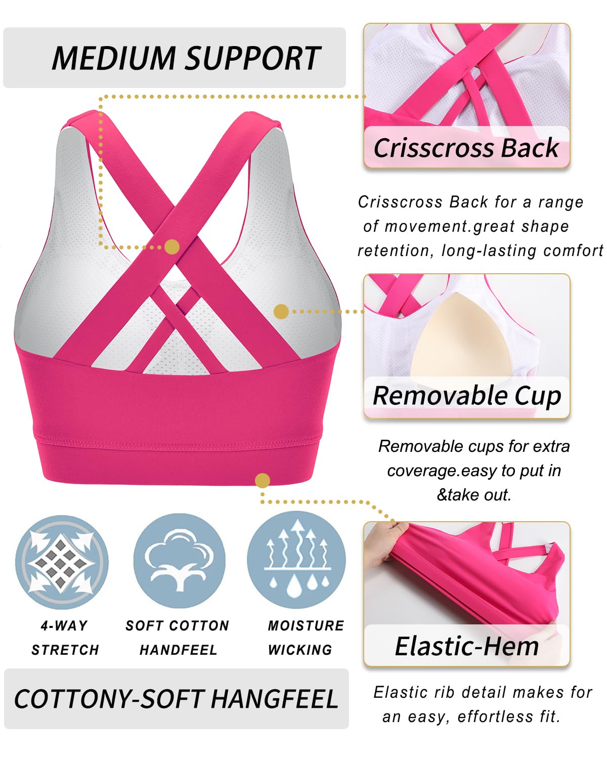 RUNNING GIRL Sports Bra for Women, Criss-Cross Back Padded Strappy Sports Bras Medium Support Yoga Bra with Removable Cups(2575_Hot pink_M)