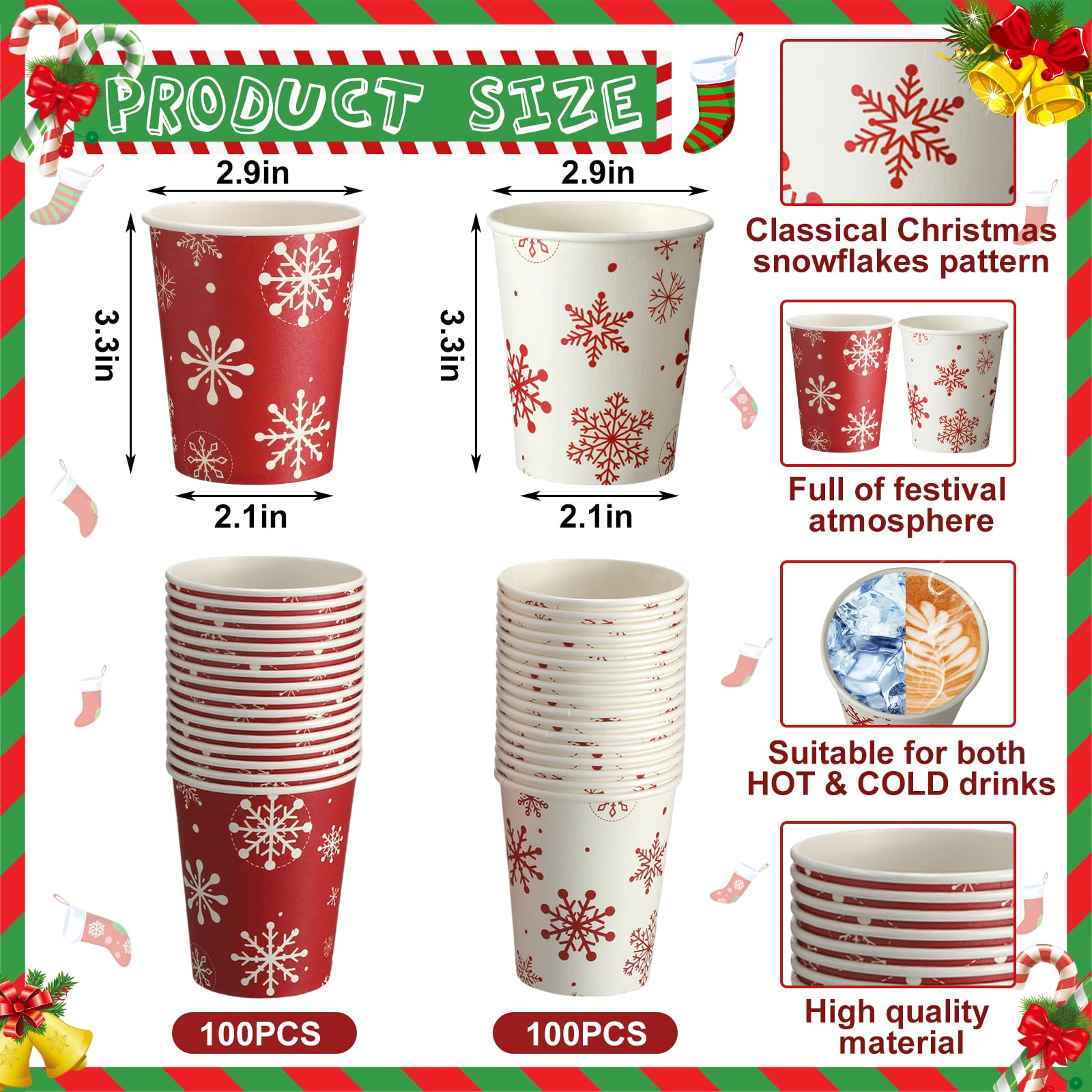 Jinei 200 Pcs 9 oz Christmas Paper Cups Christmas Disposable Coffee Cup Hot Chocolate Cocoa Cup For Xmas Christmas Party Supplies Tea Coffee Paper Cups for Party Holidays Hot Cold Drinks (Cute)